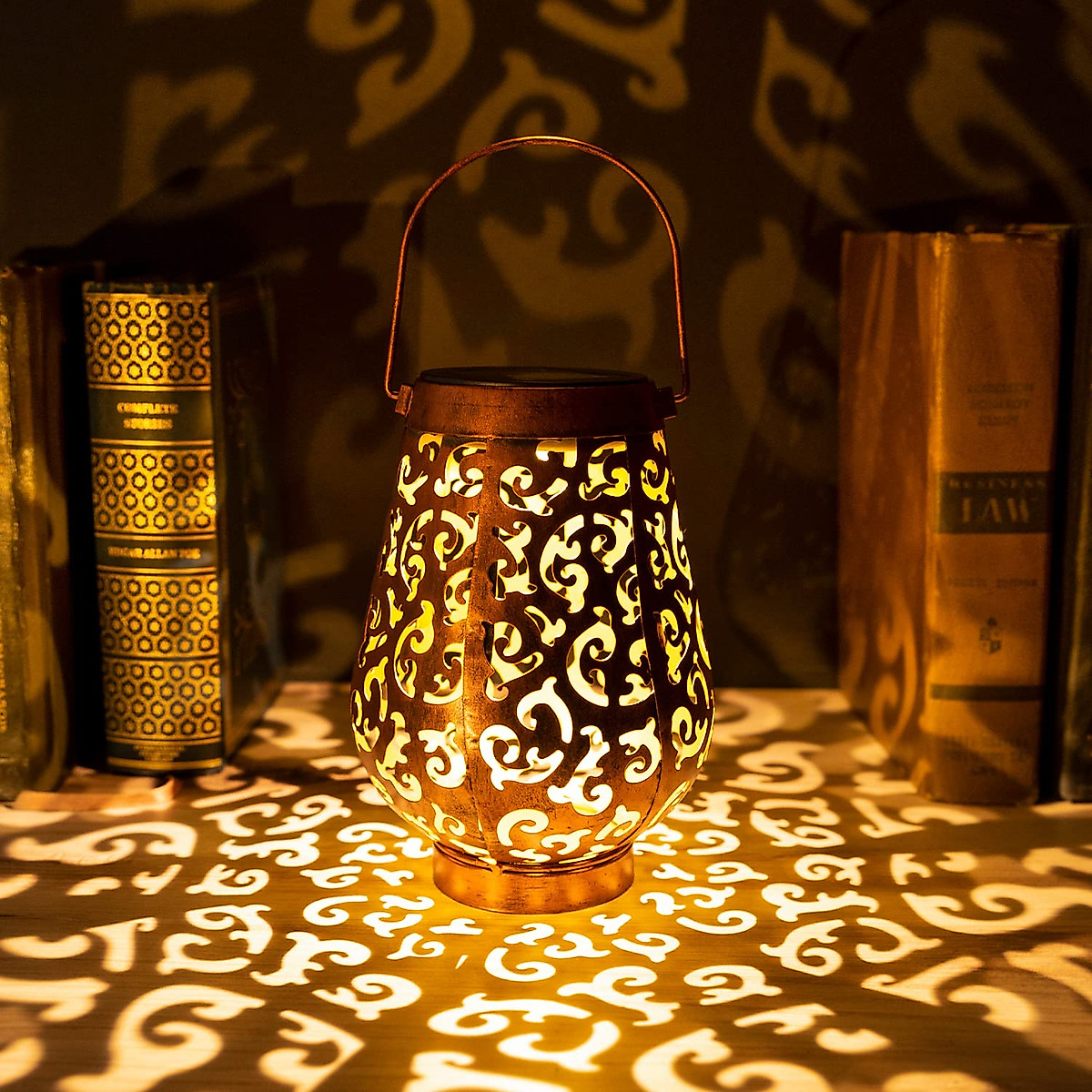 JOIEDOMI 2 Pack Outdoor Solar Hanging Lantern Lights, Waterproof Table Top Solar Lanterns, LED Metal Decorative Garden Solar Lights, Moroccan Lanterns Solar Powered with Handle for Patio