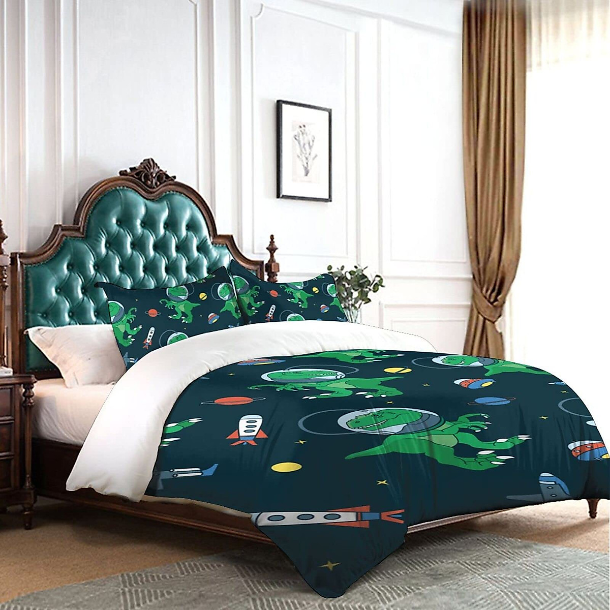 Dinosaurs Spaceship Duvet Cover Twin Size Comforter Cover Soft Bedding Sets 3 Piece with 2 Pillow Shams for Boy Gril
