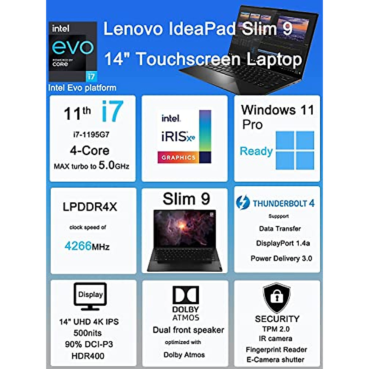 Lenovo IdeaPad Slim 9 9i Pro 14ITL5 14" 4K UHD Touchscreen (Intel 4-Core i7-1195G7, 16GB RAM, 1TB PCIe SSD) Business Laptop, Backlit, Fingerprint, 2 x Thunderbolt 4, IR-Webcam, Windows 11 Pro