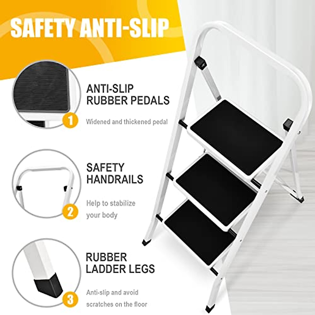 HBTower 3 Step Ladder Folding Step Stool Only 1.77" Wide, Lightweight Step Stools for Adults with Anti-Slip Pedal, Portable Steel Handrails Step Ladder Withstanding 330 lbs