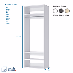 Hanging Closet Unit with Shelves - Modular Closet System for Hanging - Corner Closet System - Closet Organizers and Storage Shelves (White, 19.5 inches Wide) Closet Shelves