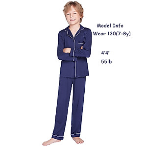 luxilooks Big Boys Cotton Button-Front Pajamas Sets 2 Piece Sleepwear Long Pj Set Casual Lougewear Soft Nightwear(Navy Blue,7-8Y)