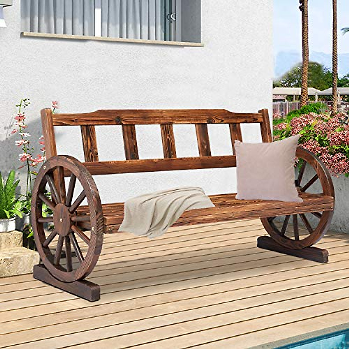 Kinsuite Fir Wooden Wagon Wheel Bench Rustic 2-Person Seat Bench with Backrest Outdoor Patio Furniture