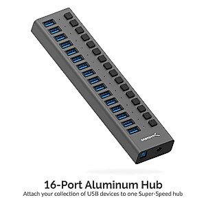 Sabrent 16-Port USB 3.0 Data HUB and Charger with Individual switches + 22AWG 3 Feet USB 3.0 Extension Cable