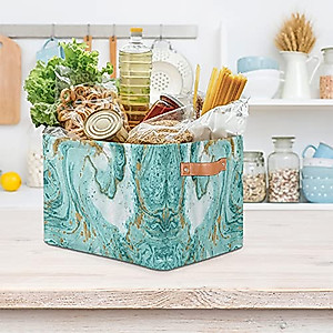 Teal Marble Storage Basket Bins, Turquoise Marble Texture Large Foldable Storage Baskets Fabric Organizer Storage Cubes Box with Handles Collapsible Basket for Shelf Closet Nursery Home Office 1 Pack