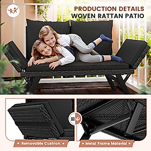 Flamaker Outdoor Convertible Sofa, Woven Rattan Patio Furniture Sunbed with Adjustable Armrests, Removable Cushions and Pillows for Patio, Porch, Pool (Black Lounger & Black Pillowcase)