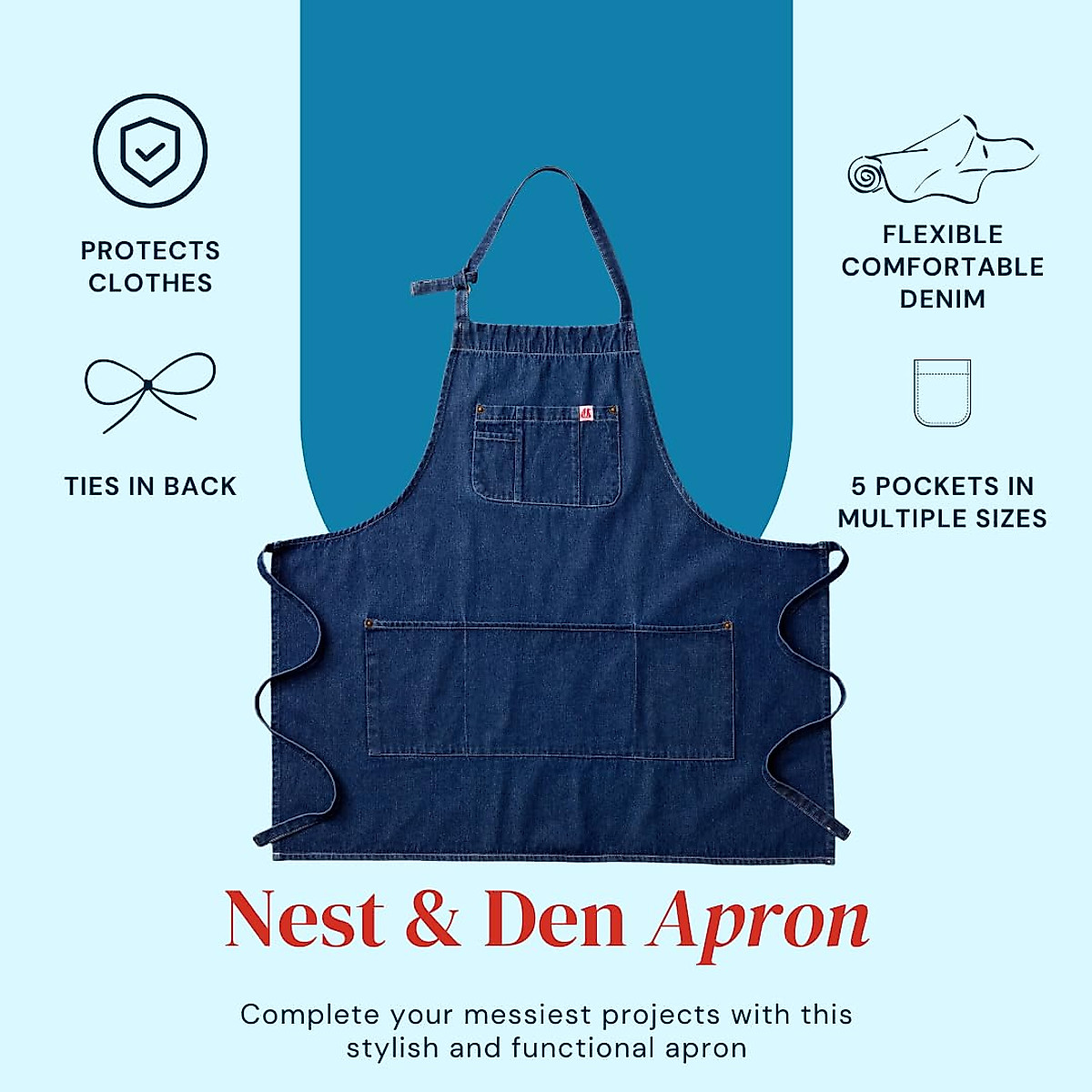 Nest & Den Denim 5 Pocket Apron for Hair Stylists, Artists, Chefs, Gardeners - Unisex for Women and Men - Blue Denim
