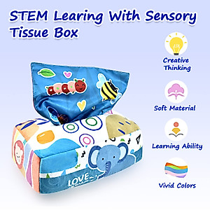 NextPro Baby Tissue Box Toy, Pull Along Magic Sensory 12 Colors Tissues, 3 Crinkle Tissues for Babies, Kids, Toddlers and Infants