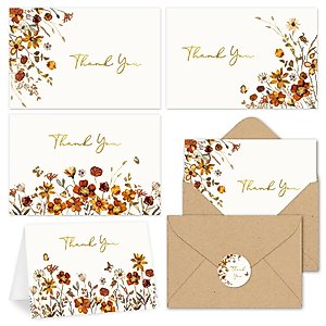 Whaline 32 Pack Gold Foil Fall Thank You Cards Autumn Floral Wildflower Greeting Cards with Envelopes and Stickers Blank Note Cards for Wedding Birthday Bridal Shower, 4 x 6 Inch