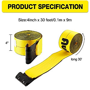Autofonder Winch Straps 4" x 30' Yellow Heavy Duty Tie Down Flat Hooks WLL 5400 lbs | 4 Inch Cargo Control for Flatbed Truck Utility Trailer (10 Pack)