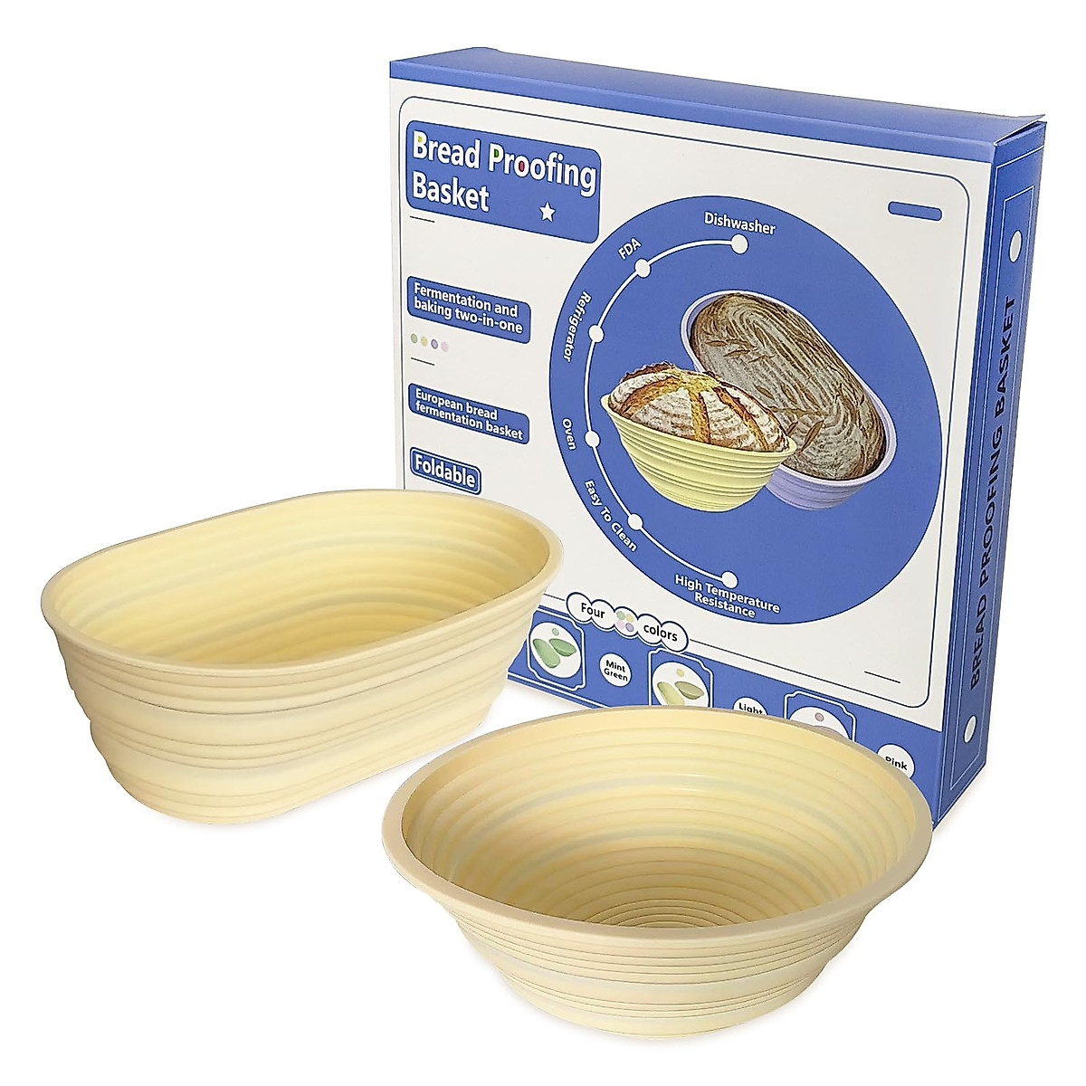 TMYIOYC Silicone Sourdough Bread Baking Supplies, 10 inch Oval & 9 inch Round Sour Dough Starter Kit, Foldable Banneton Bread Proofing Basket, Set of 2 Proofing Bowls for Sourdough Bread Baskets