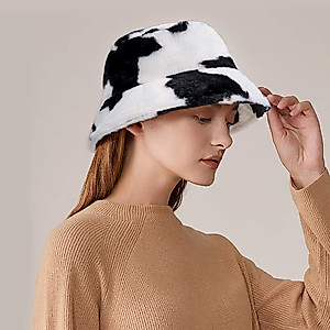 XYIYI Cow Print Furry Bucket Hat Fluffy Winter Warm Fisherman Cap Gifts for Women Teen Girls