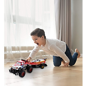 Mozlly Monster Truck Toys Set with Trailer Toy Boat - Friction Powered Hauling Truck and Trailer Toy, Big Toy Monster Truck with Boat, Adventure Truck Pulling Boat Toy Monster Trucks for Kids - 9 Inch