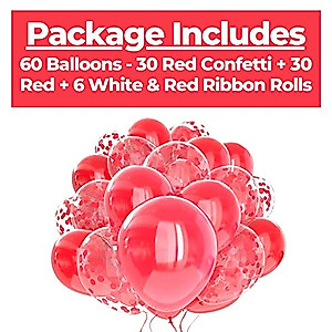 60 Pack Red Balloons + Red Confetti Balloons w/Ribbon | Red Balloon | Globos Rojos | Confetti Balloon | Birthday Balloons | Red Party Decorations | Red Birthday Decorations | Helium Balloons |
