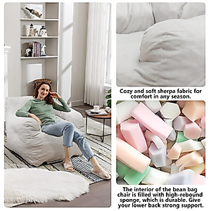 Recaceik Bean Bag Chairs, Soft Cotton Linen Bean Bag Chair with Filler, Fluffy Lazy Sofa, Comfy Cozy BeanBag Chair with Memory Foam for Small Spaces, Bedroom, Living Room, Dorm,Ivory