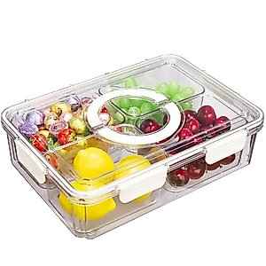 Divided Serving Tray with Lid & Handle, 4 Compartment Removable Snack Box, Kitchen Organizers and Storage, Snackle Box Container, BPA-Free Fruit Storage Container for Berry, Snack, Candy, Nuts…