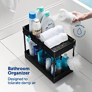 Space-Saving 2-Tier Under Sink Organizer and Storage with 6 Strong Hooks, Easy-Assemble, Under Cabinet Organizer, Durable, Big Capacity, Modern Storage Baskets for Bathroom, Kitchen, Etc. (Black)