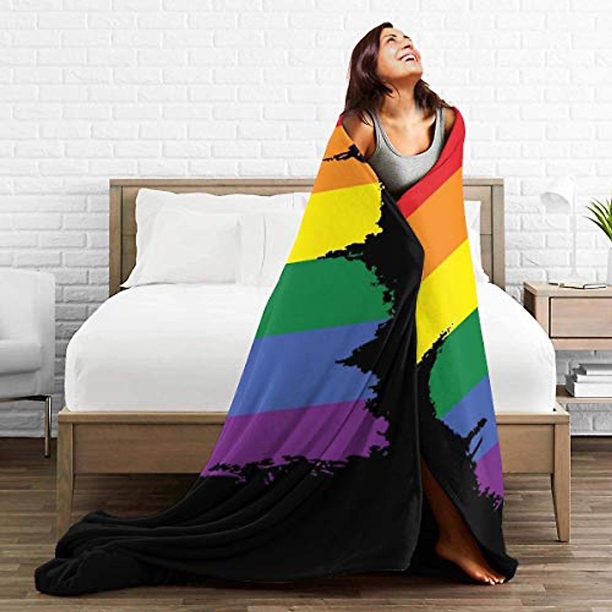 HOMNY Colorful Rainbow Gay Pride Flannel Fleece Blanket Ultra Soft 380 GSM Lightweight Microfiber Blanket All-Season Anti-Static Warm Thick Throw Blanket for Sofa Couch Bed