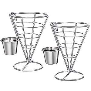 BESTonZON 2PCS French Fry Stand Cone Basket French Fry Chips Cone Metal Wire Basket with Sauce Dippers for Home Parties/Backyard Picnics/Outdoor Events/Appetizers