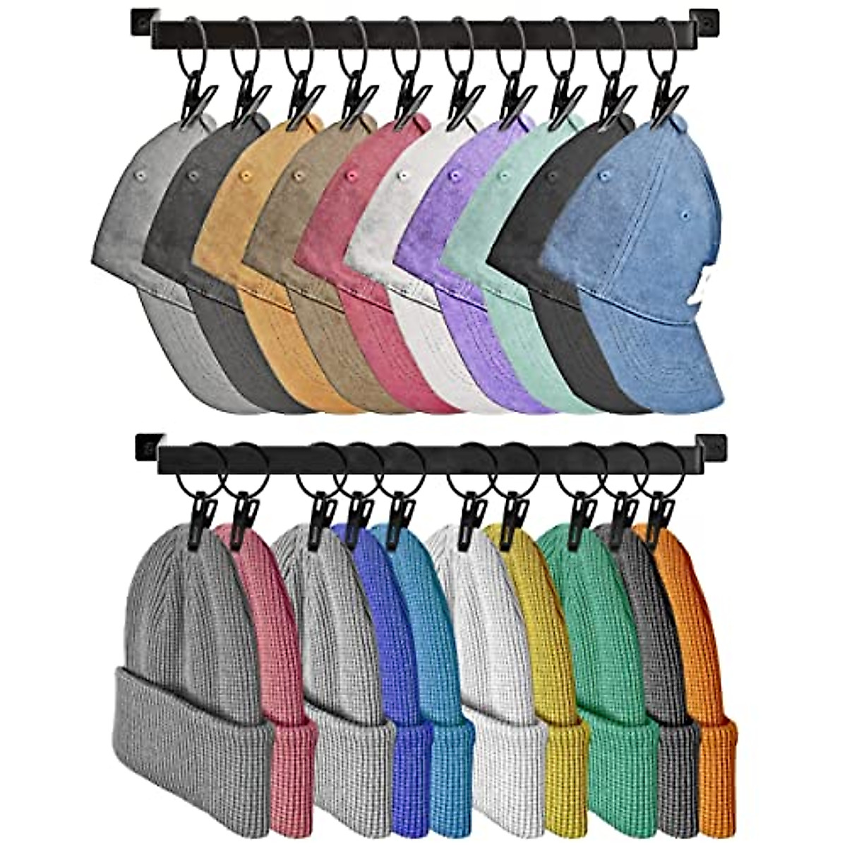 yeavs Hat Rack for Wall Baseball Cap Set of 2, Metal Hat Hanger with Hooks, Wall Mount Cowboy Hat Storage Display Sock Scarf Organizer for Door Closet Entryway Bedroom