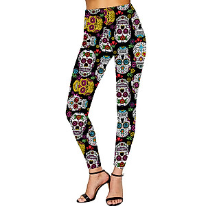 Halloween Womens Leggings Day of The Dead Sugar Skull Printed Stretchy High Waist Pants S