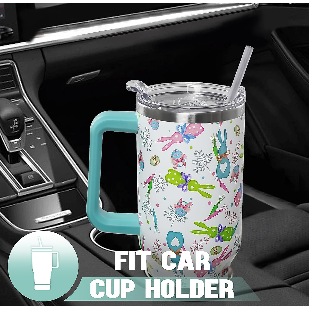 Nqhsionv Easter Tumbler with Handle 40 oz Easter Bunny Coffee Travel Mug Stainless Steel Rabbit Insulated Cup Happy Easter Decor Gifts