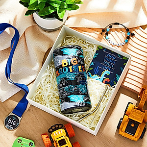 Sieral Set of 4 Christmas Big Brother Gift 14 oz Big Brother Tumbler with Straw Big Bro Medal with Lanyard New Big Brother Bracelet Inspirational Card for Little Boys of New Baby Birthday(Dinosaur)