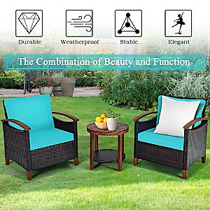 Tangkula 3 Pieces Patio Furniture Set, Outdoor Rattan Sofa and Side Table w/Solid Acacia Wood Frame, High Load Bearing Conversation Bistro Set w/Washable and Removable Cushions (Turquoise)