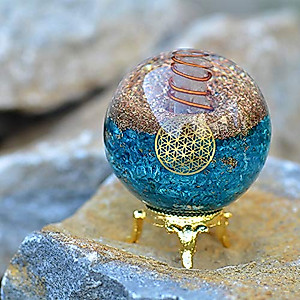 Orgonite Crystal Blue Aquamarine Crystal Ball with Stand for Positive Energy, E-emission Protection and Chakra Balancing –with Flower of Life Symbol to Promote Purpose, Serenity and Courage
