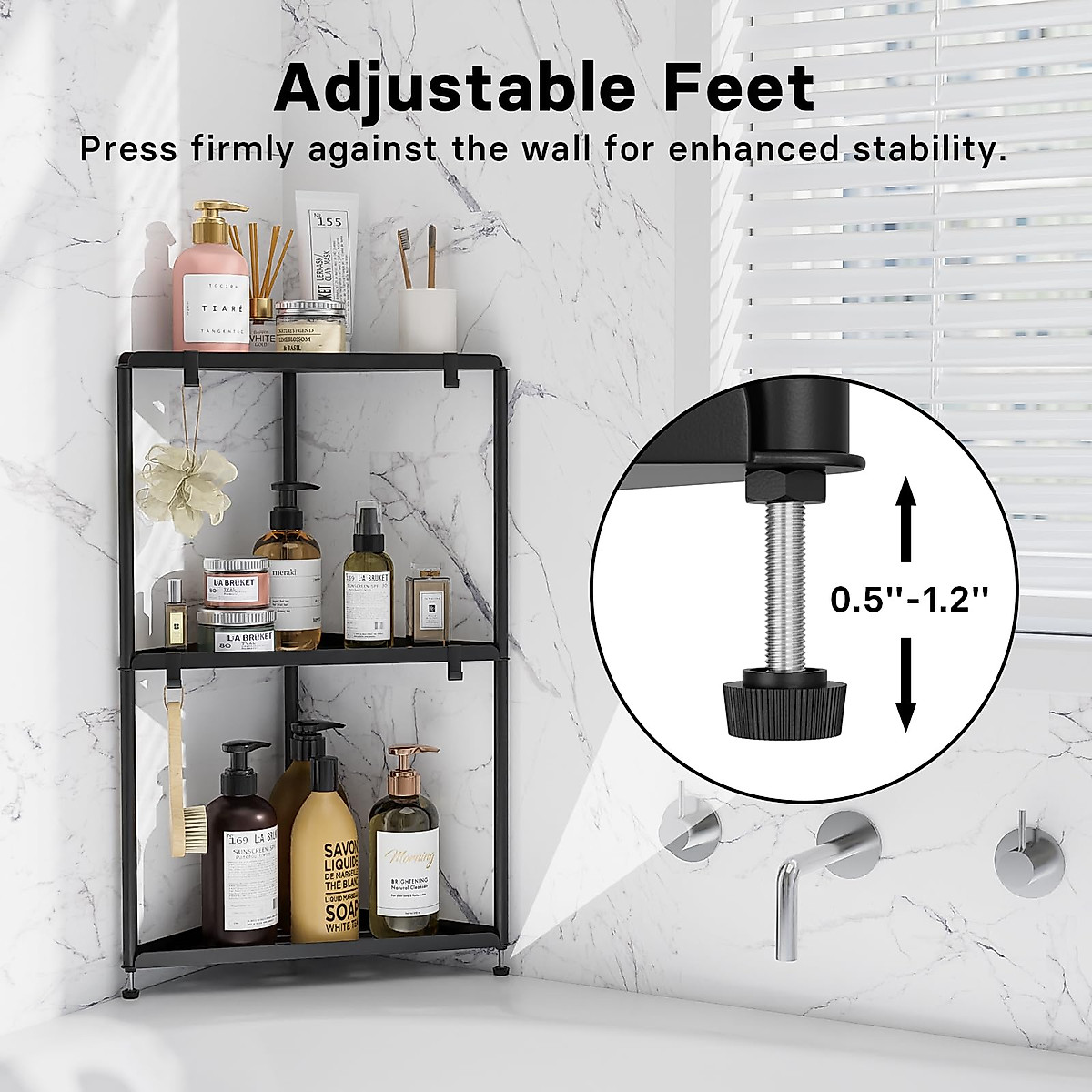 Kawaiita Corner Shower Caddy Stand, 3 Tier Floor Shower Organizer Stands for Inside Shower, Bathtub, Bathroom Corner Shower Shelf Rack with Adjustable Feet & 4 Hooks, Metal, Matte Black