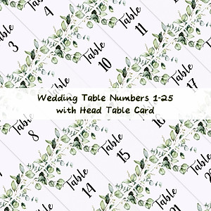 52 Pieces Wedding Table Numbers Cards 1-25 with Head Table Card Rustic Greenery Eucalyptus Table Cards Double Sided Table Place Cards and Gold Heart Wire Table Card Holder for Party Reception Birthday