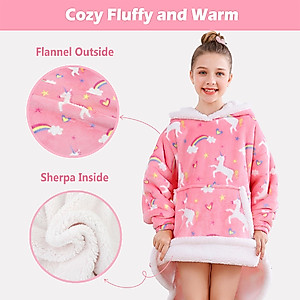 Wearable Blanket Hoodie for Kids, Super Warm and Soft Sherpa Flannel Sweatshirt Blanket with Giant Pocket, Hooded Blanket for 6-10 Year Old Girls Gifts, Pink Unicorn