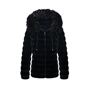 Bellivera Women Double Sided Faux Fur Jacket with Fur Collar, The Puffer Coat Worn on Both Sides 19225 Black S
