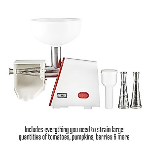 Weston Deluxe Electric Tomato Strainer, Food Mill, Sauce Maker for Salsa, Fruits, Apples, Berries, 4 Quart (82-0250-W), White
