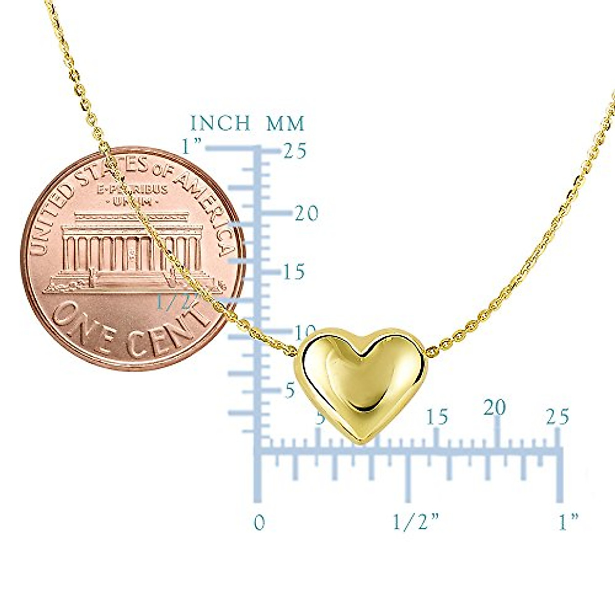 Jewelry Affairs 10K Real Gold Puffed Heart Pendant Necklace, 18" (Yellow Gold, 10K)
