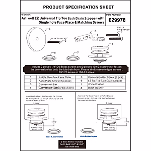 Brushed Nickel Universal Tub Drain Tip Toe Tub Conversion Kit Assembly, Artiwell EZ Installation Bathtub Drain Replacement Trim Kit with 1-Hole Overflow Face Plate and Pop-Up Tub Stopper