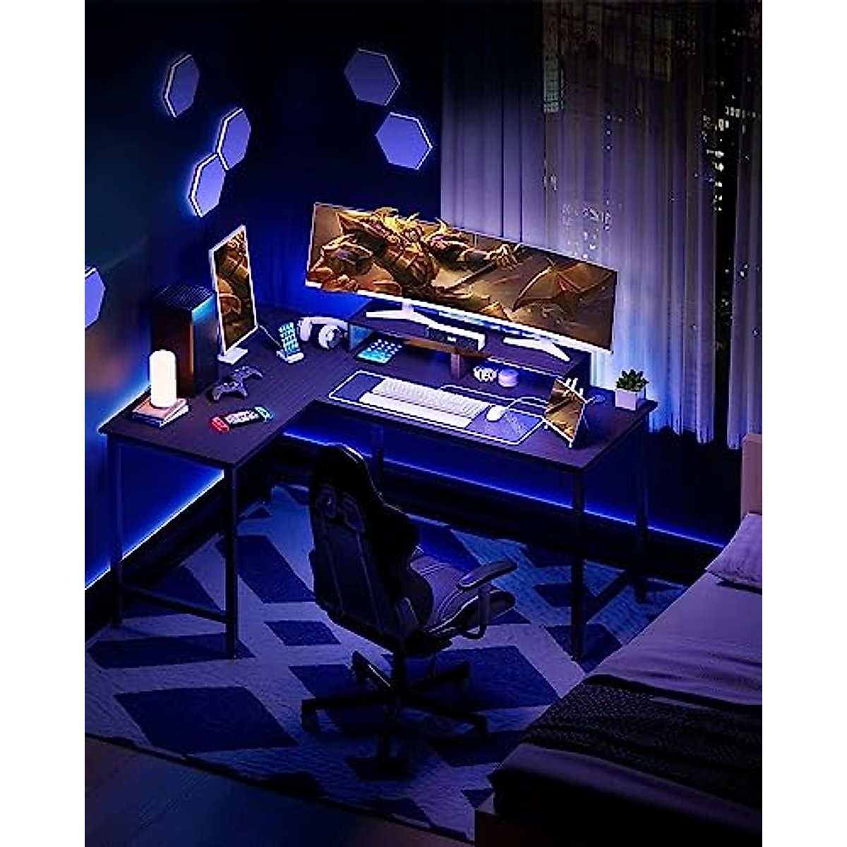 MINOSYS L Shaped Computer Desk - 58" Gaming Desk, Reversible Corner Desk, Home Office Writing Desk with Monitor Stand Shelf, Space-Saving Modern Simple Wooden Desk, Black