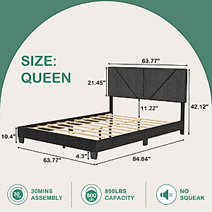 Wakefit Queen Bed Frame with Adjustable Headboard, Linen Upholstered Platform Bed Frame with Wood Slats Support, Mattress Foundation, No Box Spring Needed (Grey Twill)
