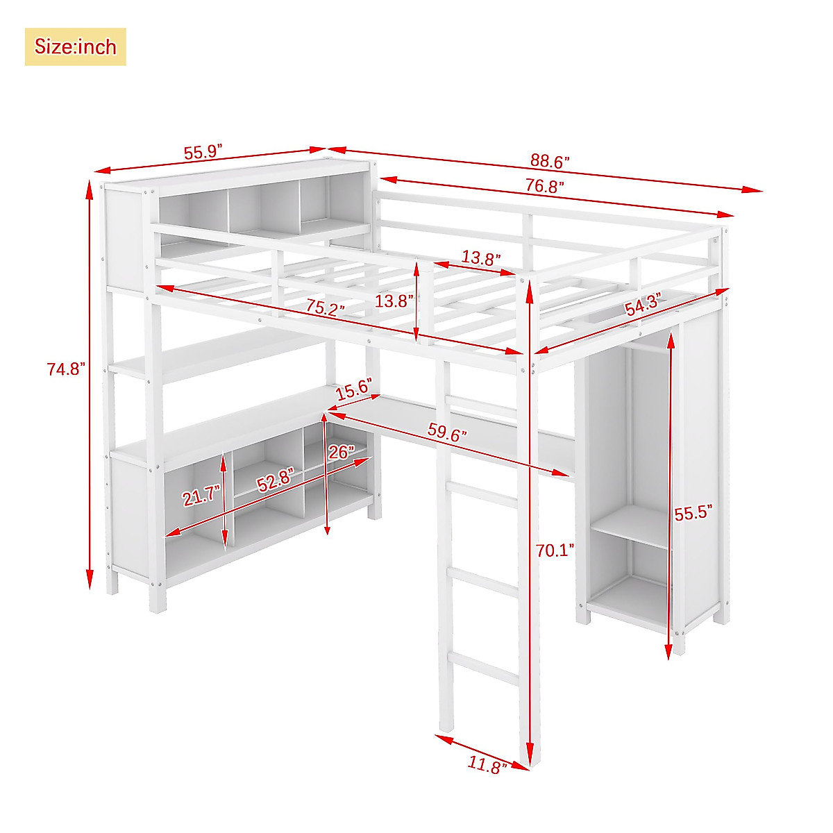 Linique Full Size Metal Loft Bed with L-Shape Desk, Wardrobe and Storage Shelves, Full Length Guardrail and Ladder, White