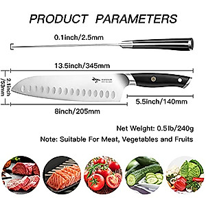MAD SHARK Chef Knife, Professional 8 Inch Santoku Knife, Made of German High Carbon Stainless Steel, Non-stick Ultra Sharp Kitchen Knife with Ergonomic Handle, Finger Guard and Gift Box