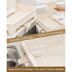 Outlet Dish Drying Rack - Large Adjustable Dish Rack Expandable Plastic Dish Drainer for Kitchen Counter with Utensil Holders, Detachable Space Saving Kitchen Organizer for Bowls Plates (Apricot)