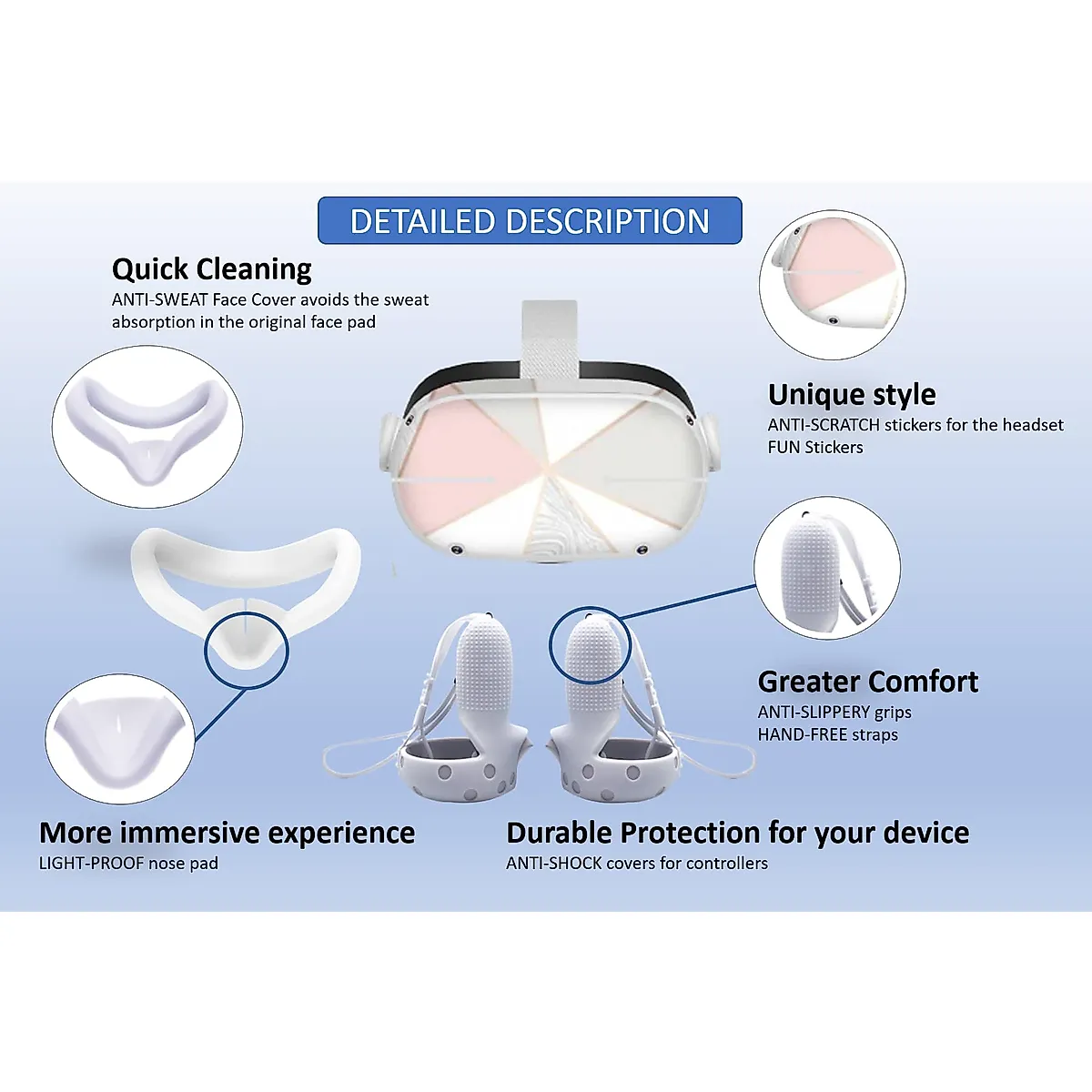 Clean VR Set 3-in-1 Compatible with Oculus Quest 2 Headset/Meta Accessories: Anti-Leakage Face Cover + Non-Slip Grip Covers + Stickers | Sweatproof Anti-Dirty Virtual Reality Decal Skin (Iron Black)