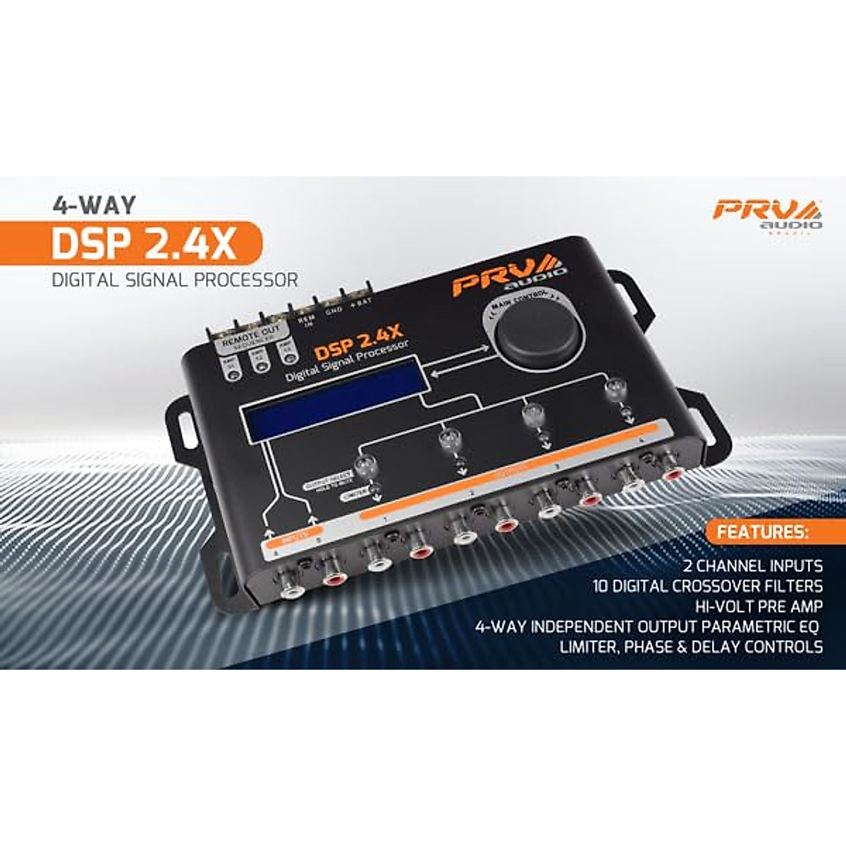 PRV AUDIO Car Audio DSP 2.4X Digital Crossover and Equalizer 4 Channel Full Digital Signal Audio Processor DSP with Sequencer Remote Relay