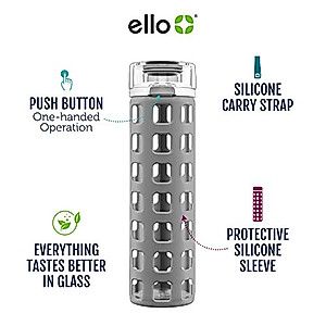 Ello Syndicate Glass Water Bottle with One-Touch Flip Lid, Grey , 20-ounce
