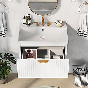 Appot WF311074AAK Modern 24-Inch Wall-Mounted Bathroom 2 Drawers, Bath Room Vanities with Ceramic Basin Sink (Faucet Not Included), White