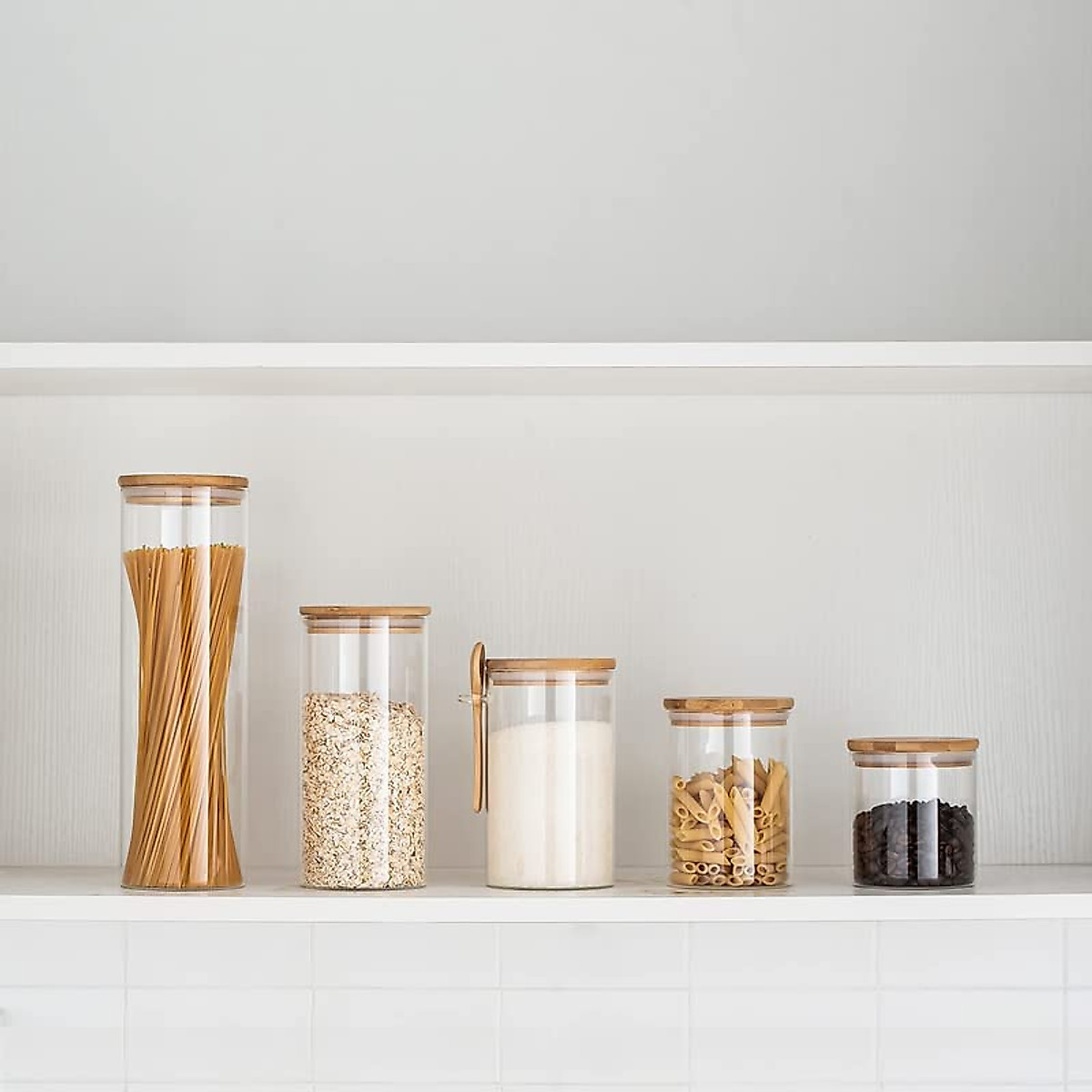 ERISED Glass Jars Set of 5 Food Storage Containers Airtight Food Jars with Bamboo Wooden Lids and Spoon Kitchen Canisters for Candy,Cookie,Rice,Sugar,Flour,Pasta