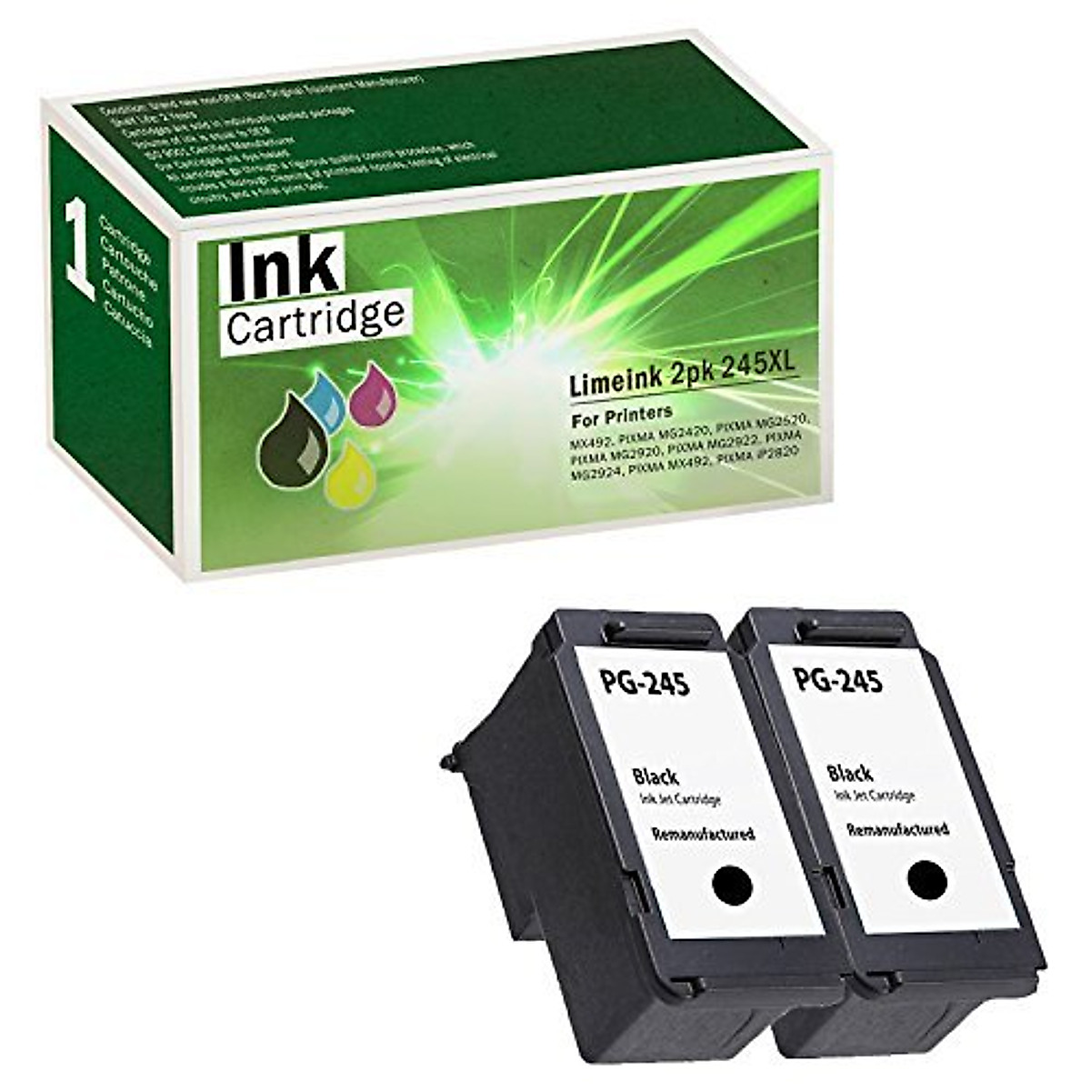 Limeink 5 Pack Remanufactured PG-245XL CL-246XL High Yield Ink Cartridges (3 Black, 2 Color) for Pixma iP2820 MG2420 MG2520 MG2920 MG2922 MG2924 MX492 Shows Accurate Ink Level