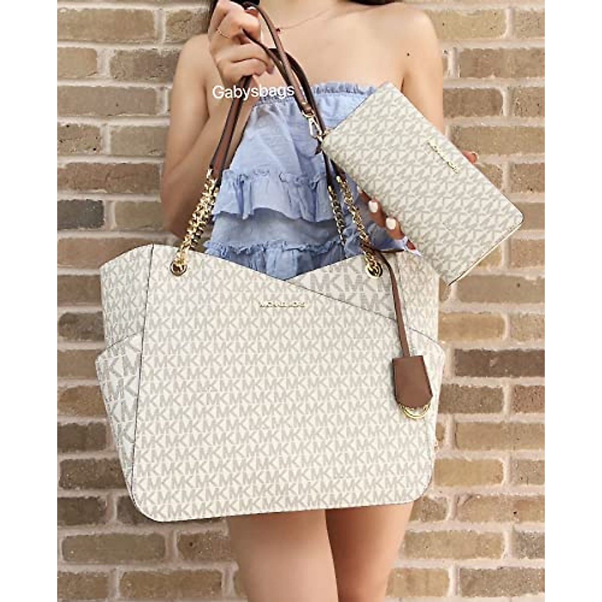 Michael Kors Jet Set Travel Large Chain Shoulder Tote Vanilla MK Signature Logo Bundled Jet Set Travel Continental Wristlet Vanilla Signature MK