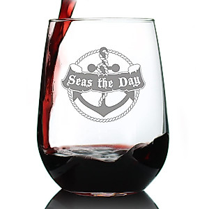 Seas the Day - Stemless Wine Glass - Funny Beach Themed Decor and Gifts for Ocean Lovers - Large 17 Oz Glasses
