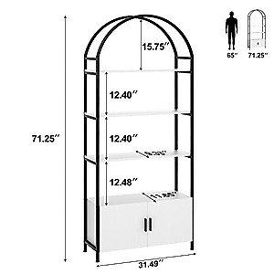 Jehiatek Arched Bookshelf, Bookcase with Doors Storage, 71 Inches Tall Industrial Book Shelf with Sturdy Metal Frame, E1 Quality Boards, Freestanding Display Shelving Unit, Black and White